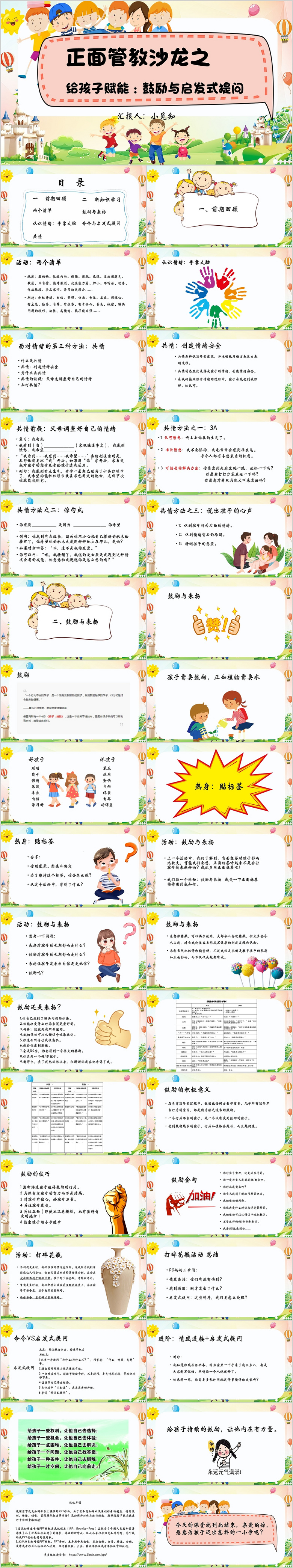 卡通风正面管教沙龙之给孩子赋能鼓励与启发式提问PPT模板提问ppt 二哈办公