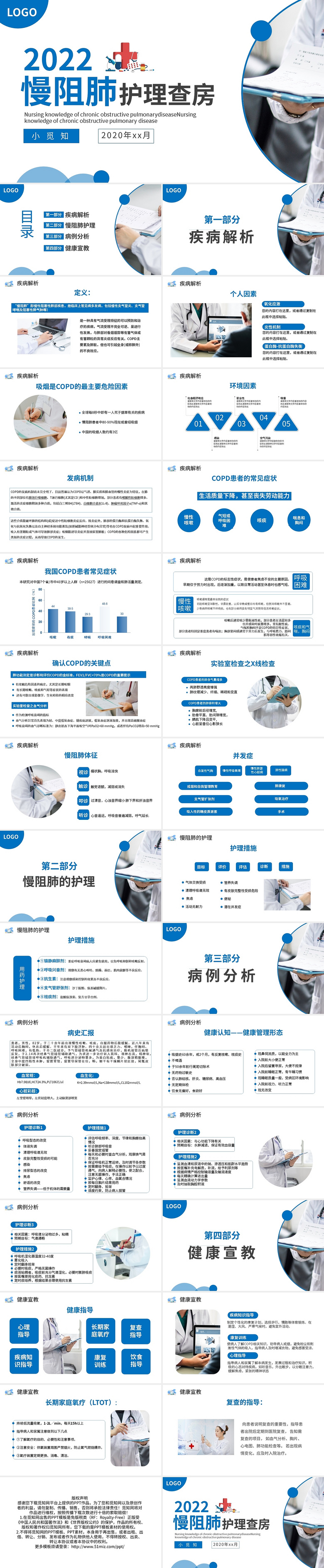 蓝色简约慢阻肺护理查房PPT模板宣传PPT动态PPT 二哈办公