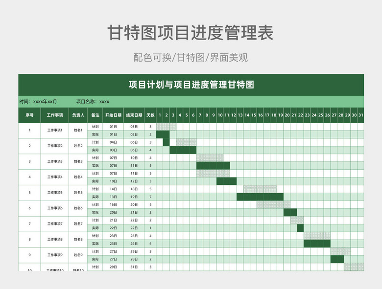 渐变绿色项目计划与项目进度管理甘特图 二哈办公